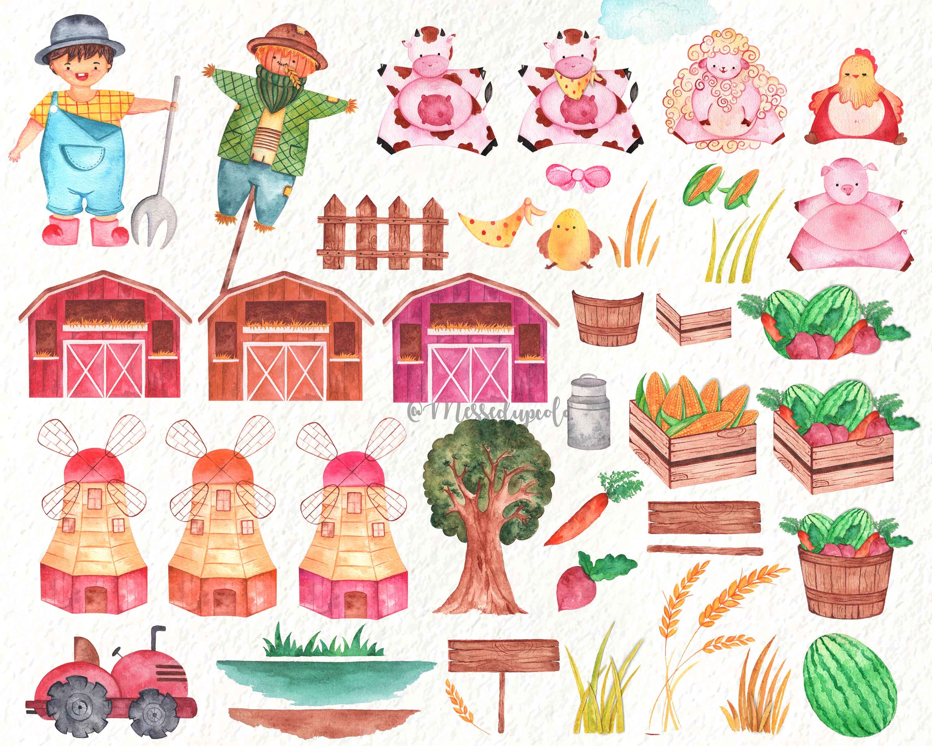 Farm Clipart, Watercolor Farm, Farm Animal Clipart, Watercolor Animal ...