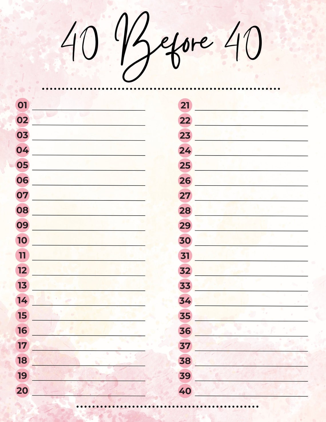 40 Before 40 Goal List, Editable Template, Printable, Instant Download ...