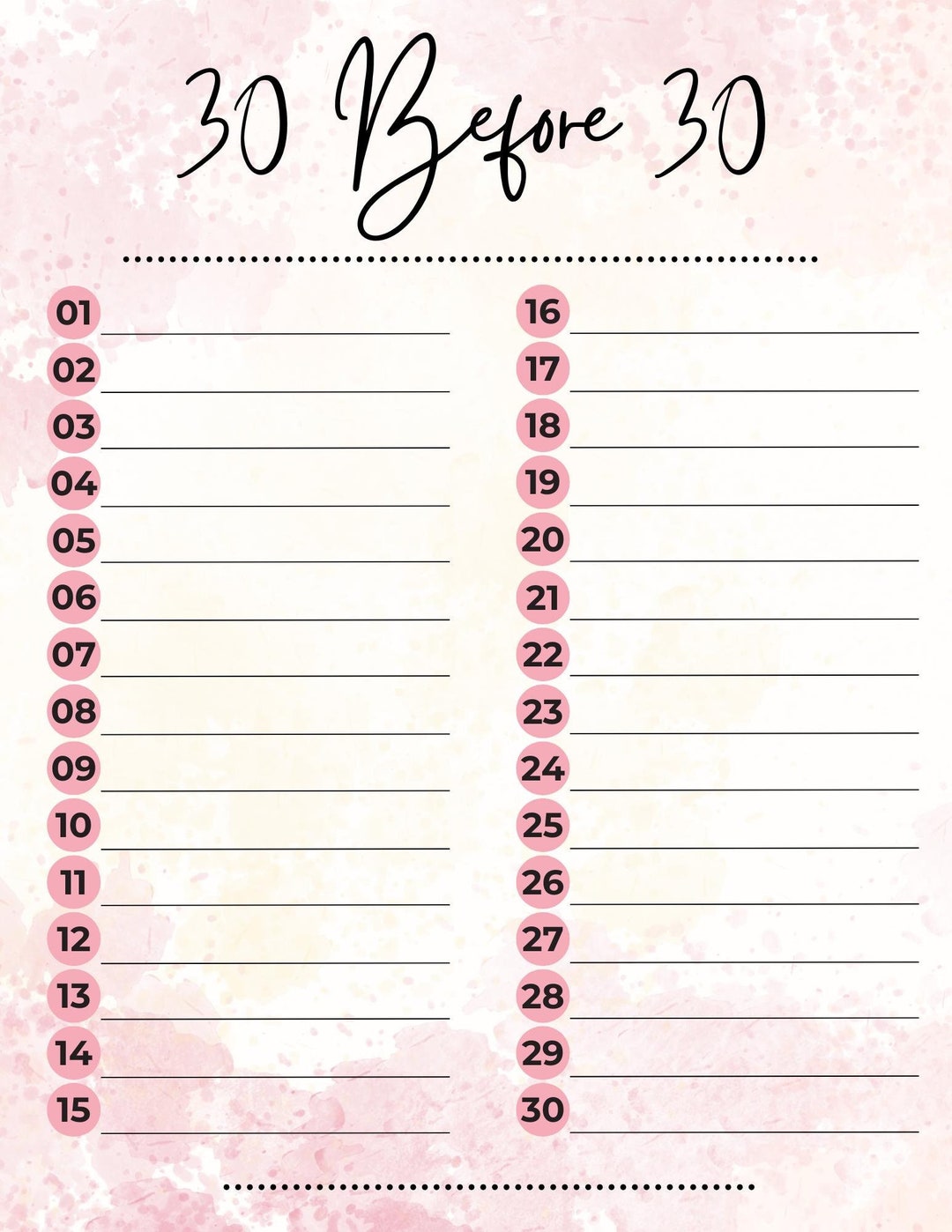 30 Before 30 Goal List, Editable Template, Printable, Instant Download ...