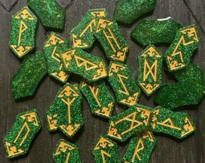 Runes Elder Futhark Resin, Green Glitter, Divination, Magick, Yule ...