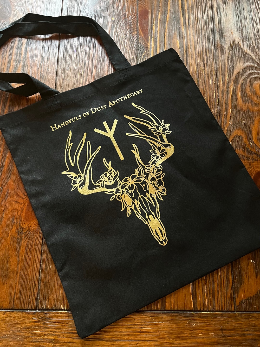 Black Gold Rune Tote Bag | Elhaz Algiz, Gold Skull Print - Etsy