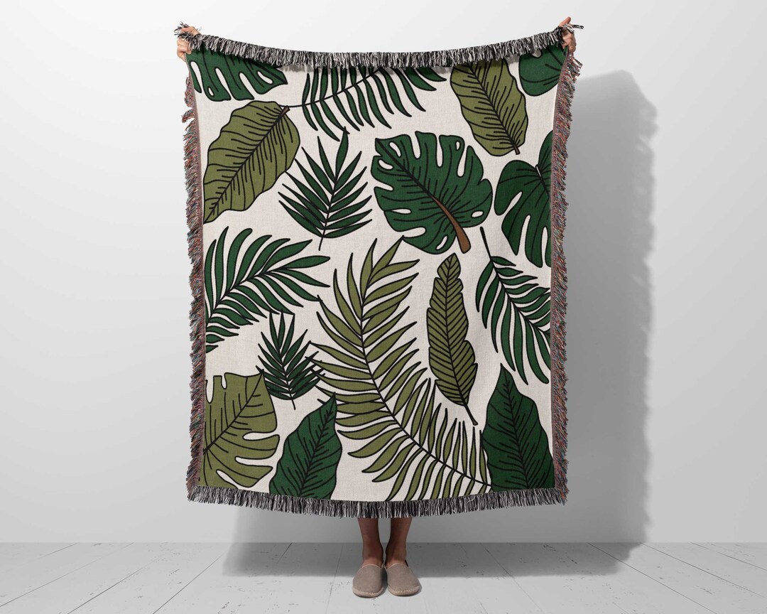 Woven Throw Blanket Tropical Leaves, Palm Leaf Monstera Plant, Cotton ...