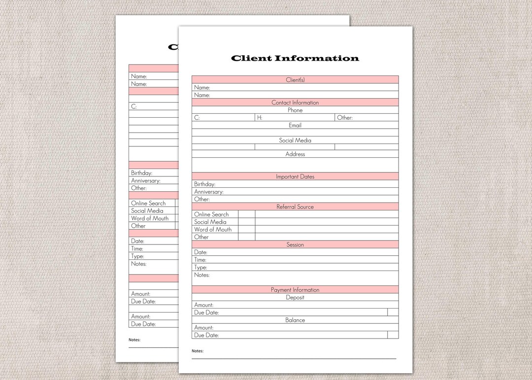 Client Information Sheet | Photography and Other Professionals - Etsy