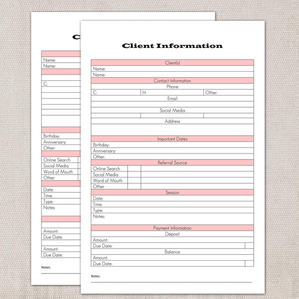 Client Information Sheet - Etsy
