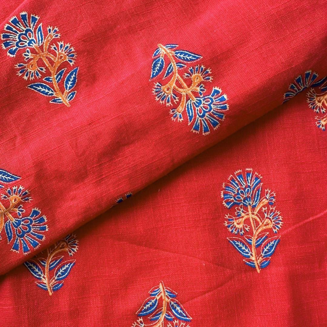 Block Print Fabric, Indian Fabric, 4 Yard Cut, Buta Print, Red Floral ...