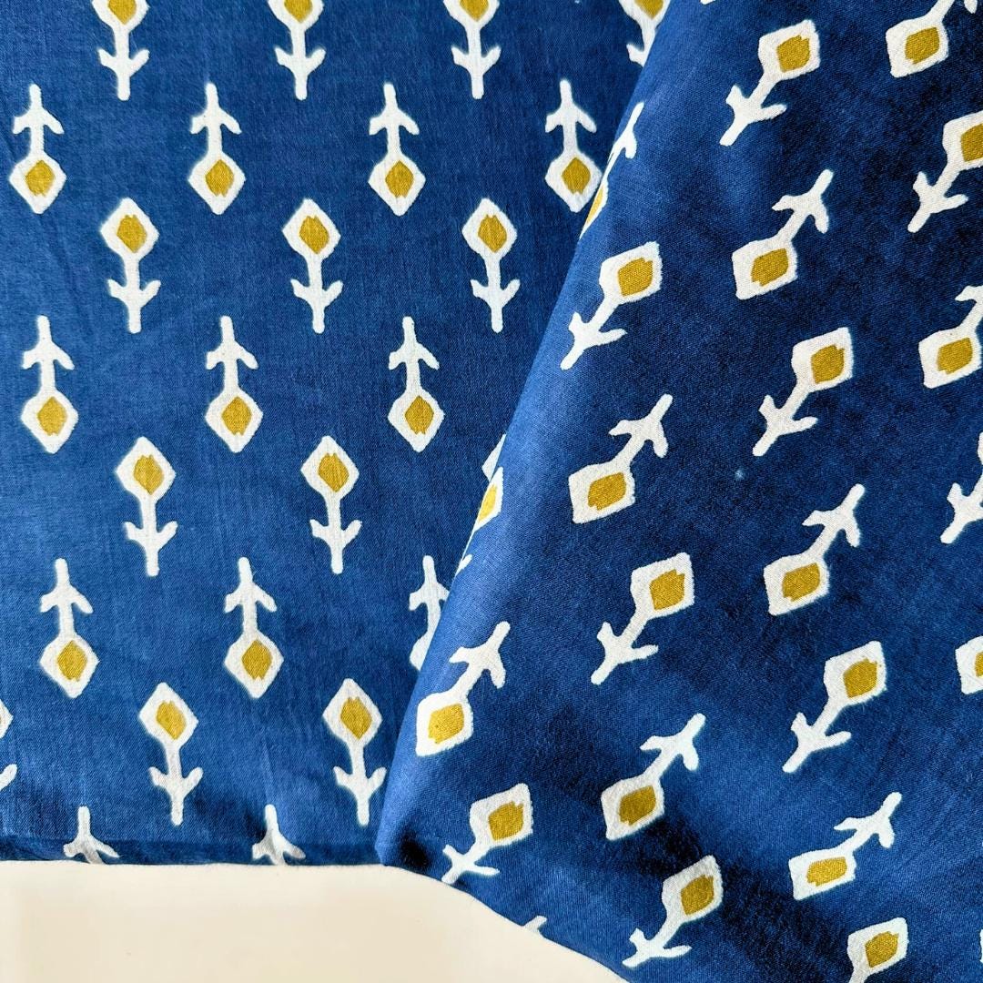 Mustard and Indigo Geometric Block Printed Fabric, Indian Cotton, by ...