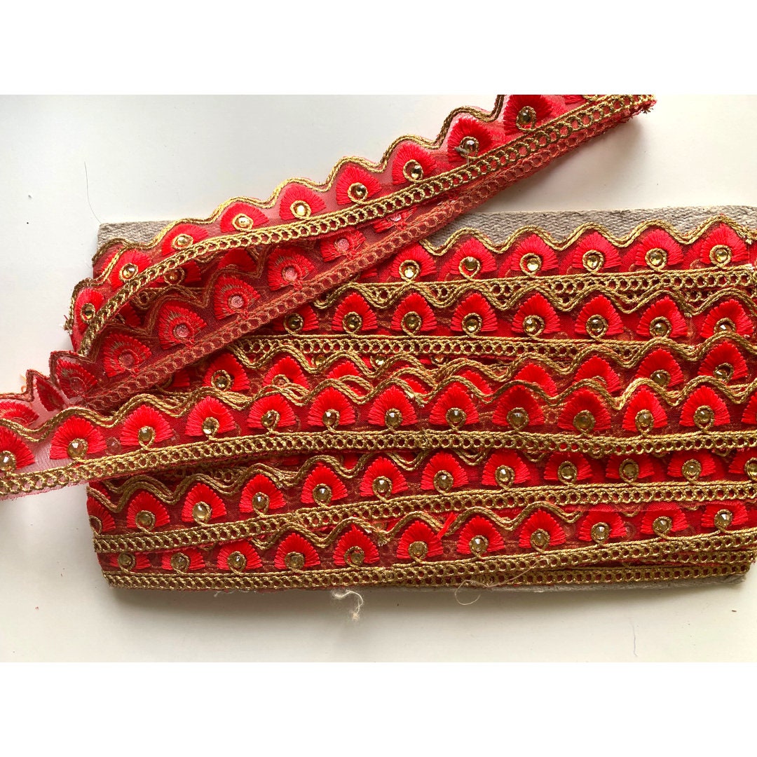 Red Embroidered Golden Stone Net Trim, Clear Stone Beaded Trim, Flat ...