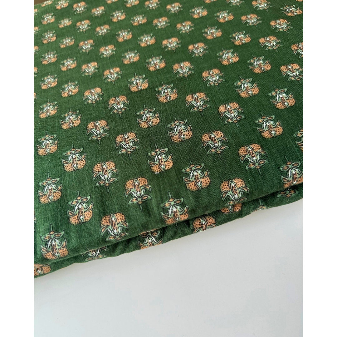 Bottle Green Hand Block Printed Cotton Buti Print, Holiday Print, Dark ...
