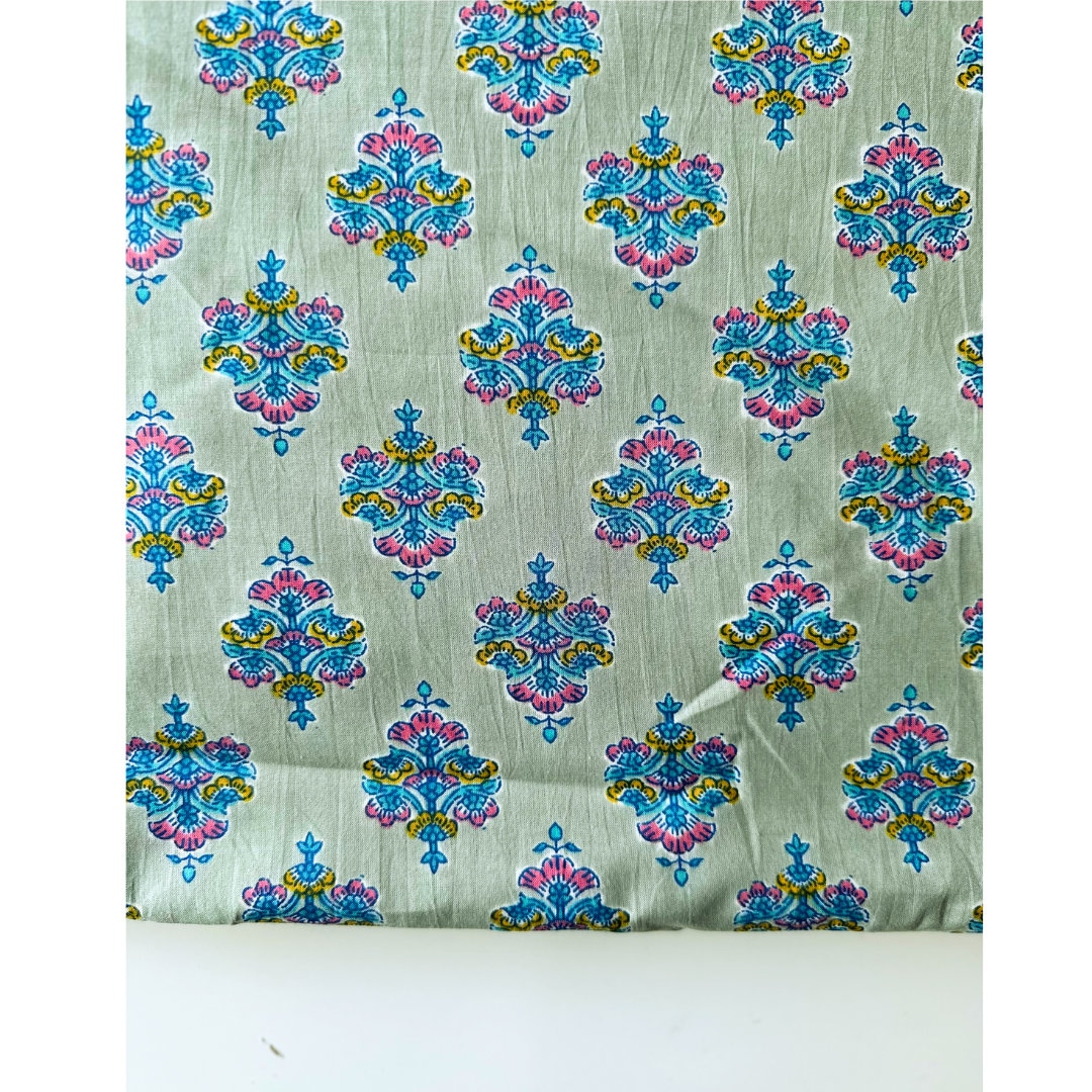 Elegant Sage Green and Blue Block Print Cotton Fabric From India ...