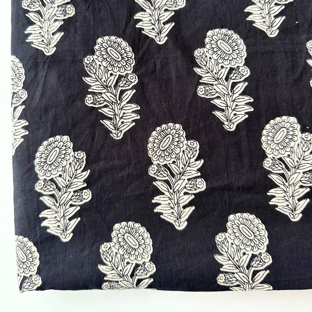 White Black Floral Block Print Cotton Fabric by the Yard, Indian Hand ...
