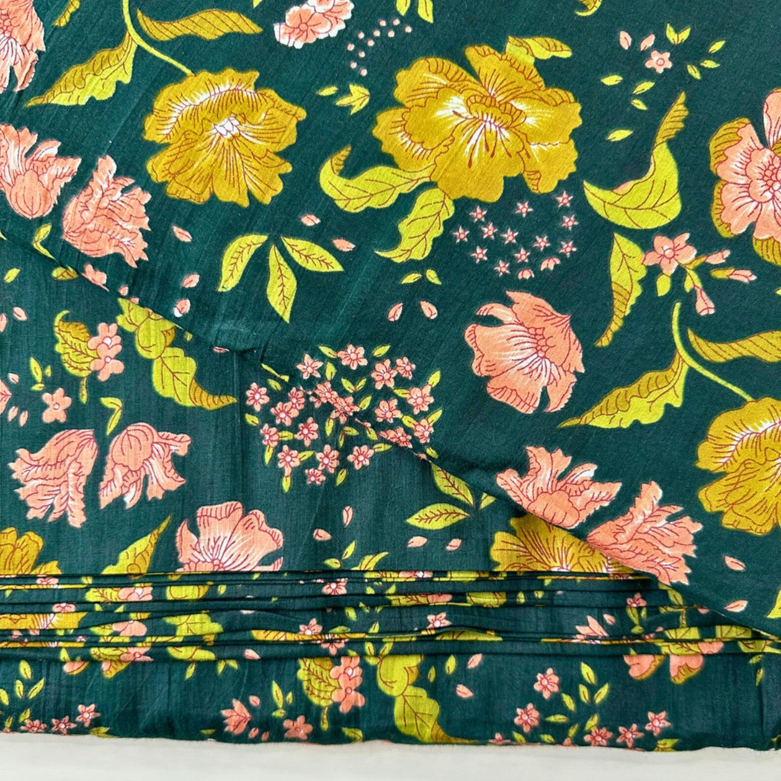 Dark Green and Lime Green Floral Block Printed Fabric, 3 Yard, Indian ...