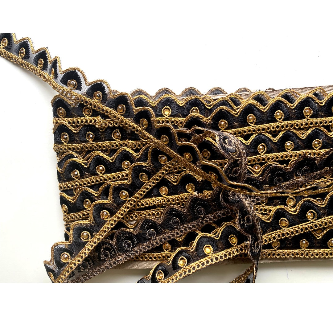 Black Embroidered Golden Stone Net Trim, Clear Stone Beaded Trim, by ...
