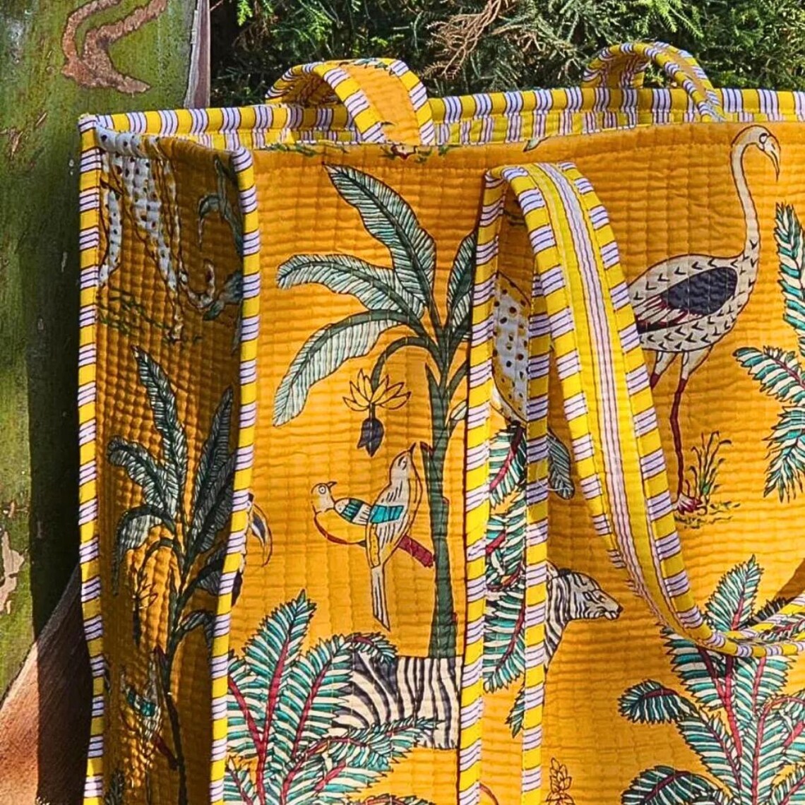 Quilted Cotton Reversible Tote Bag - Green Forest Print Handprinted ...
