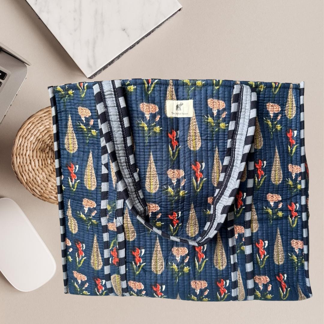 Handprinted Large Tote Bag Block Print on Blue Reversible Shopping Tote ...