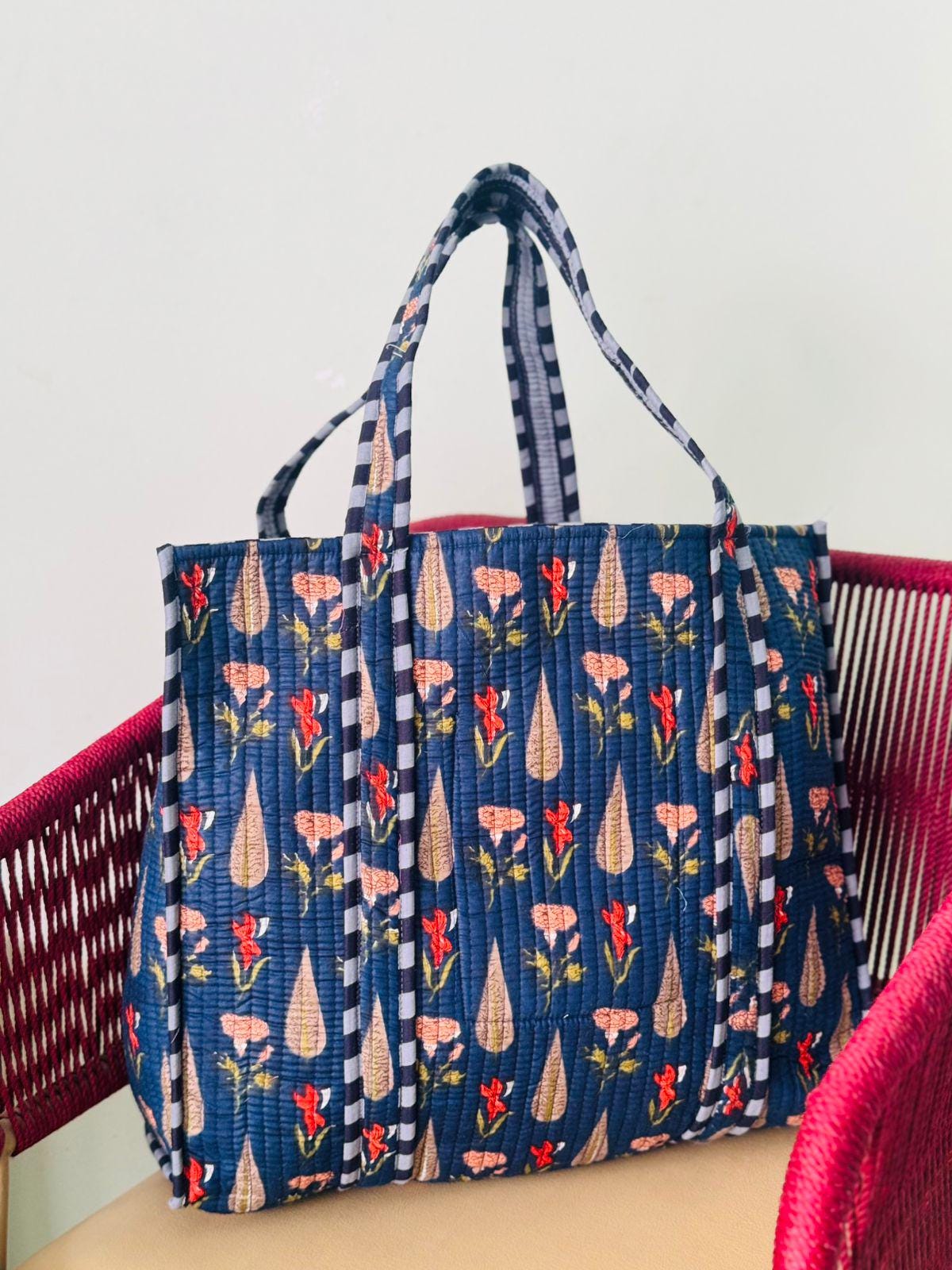 Handprinted Large Tote Bag Block Print on Blue Reversible Shopping Tote ...