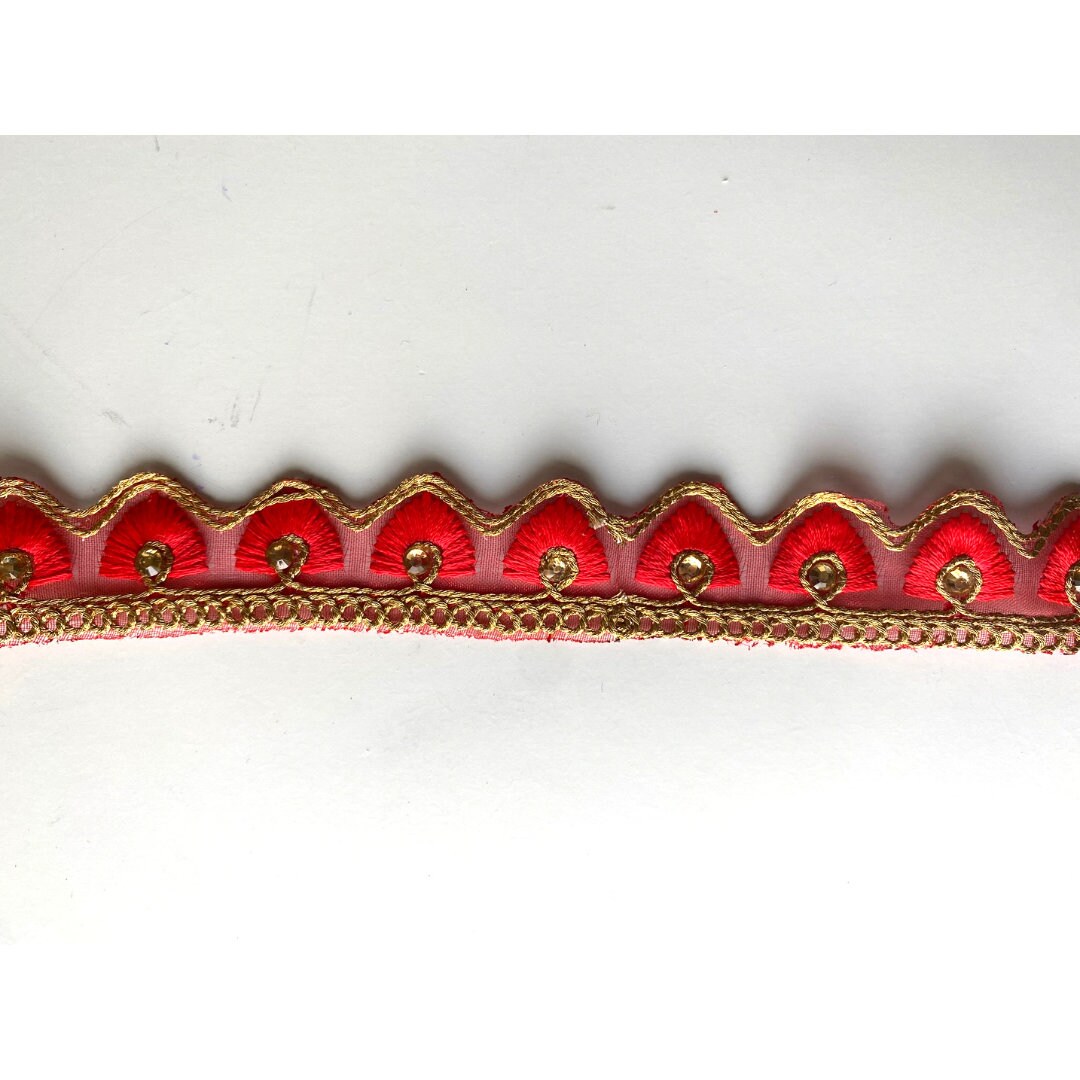 Red Embroidered Golden Stone Net Trim, Clear Stone Beaded Trim, Flat ...