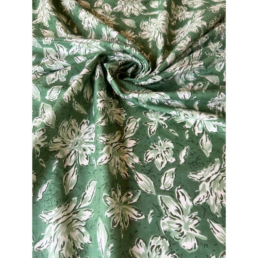 Henna Green White Floral Cotton Fabric, Vintage Indian Cotton by the ...