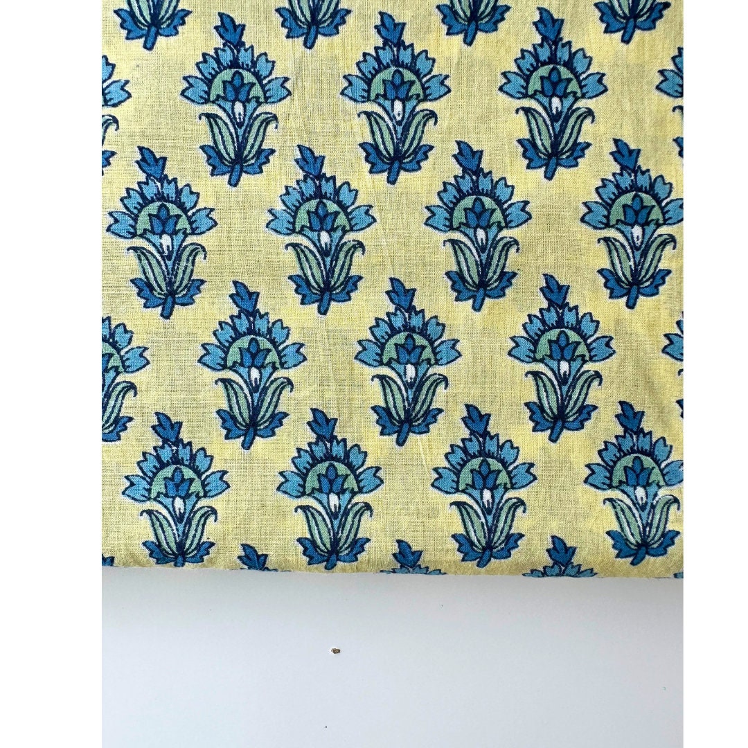Block Print Fabric Bohemian Indian Cotton Fabric, Blue on Cream Buta ...