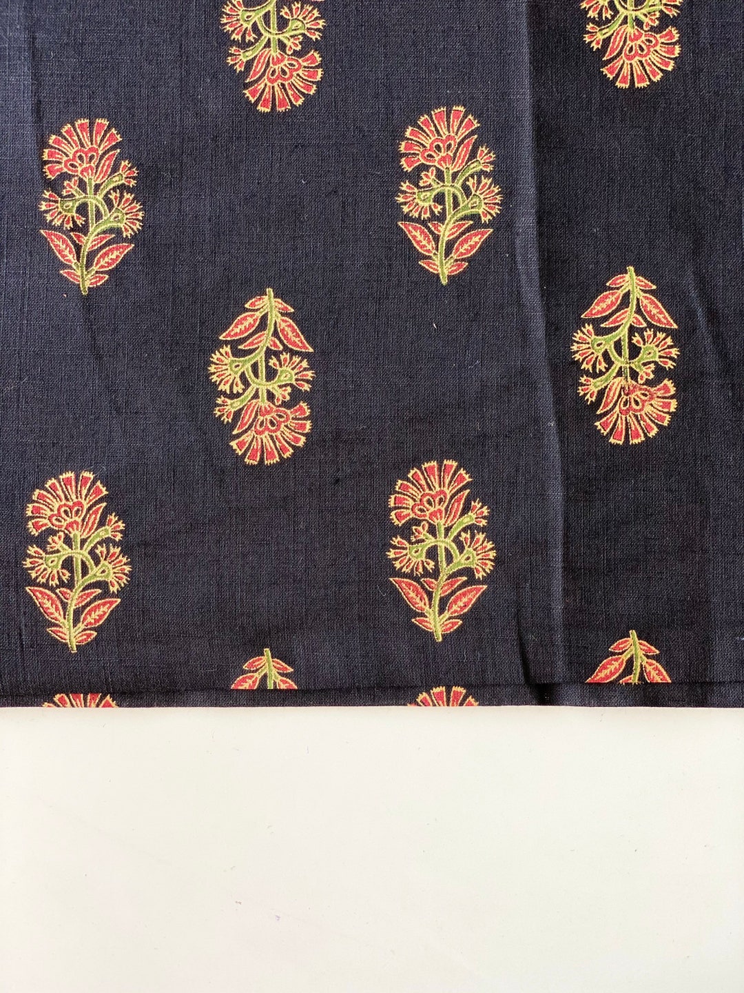 Block Print Fabric, Floral Buti Print, Black Indian Cotton, Flax Linen ...