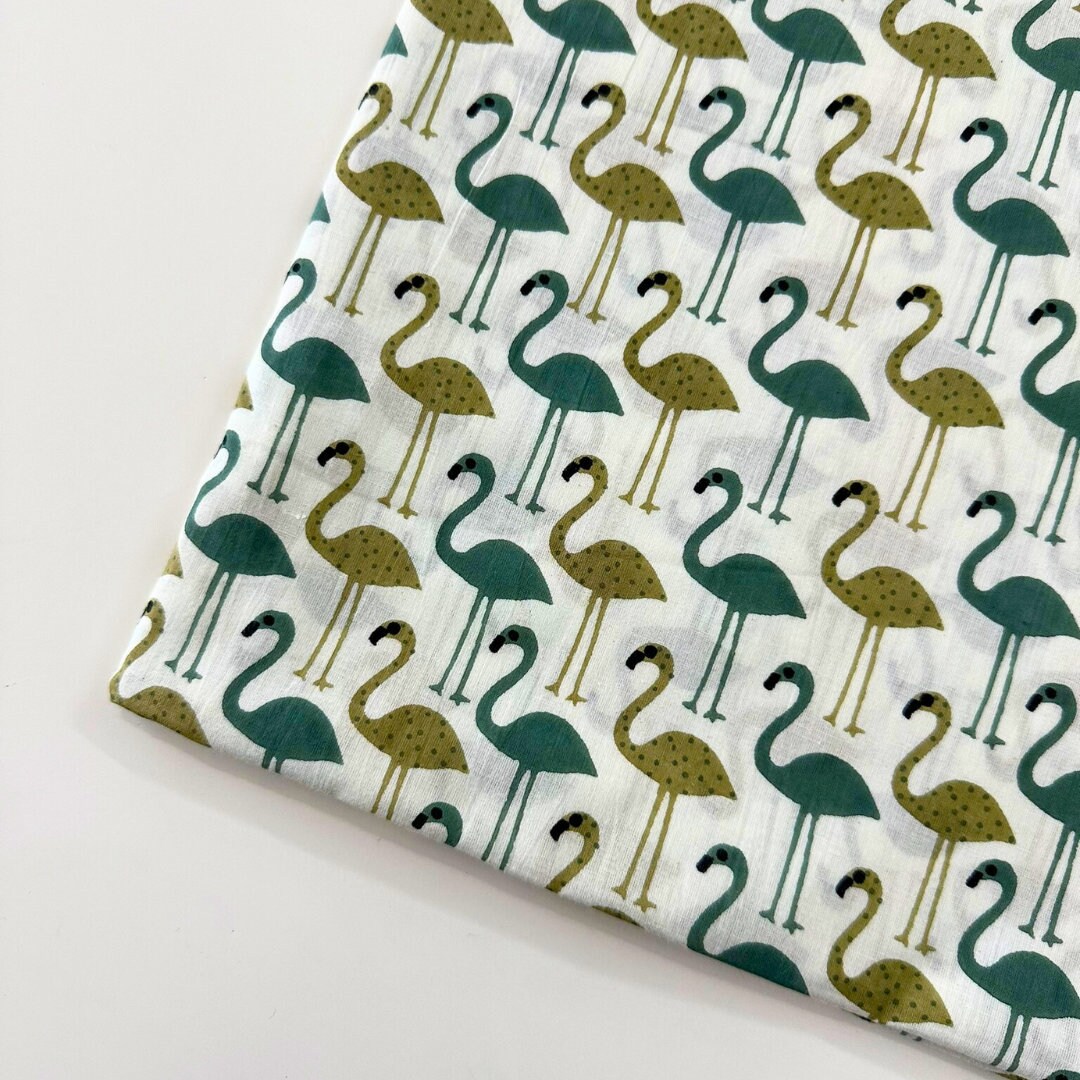 Hand Block Flamingo Print Fabric, 3.25 Yard Remnant, Bolt End, Indian ...
