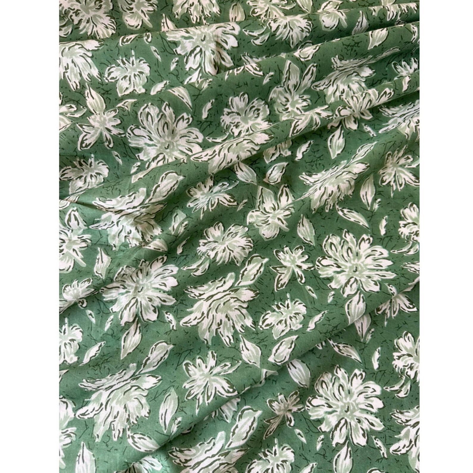Henna Green White Floral Cotton Fabric, Vintage Indian Cotton by the ...
