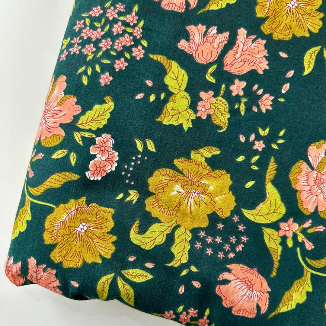 Dark Green and Lime Green Floral Block Printed Fabric, by the Yard ...
