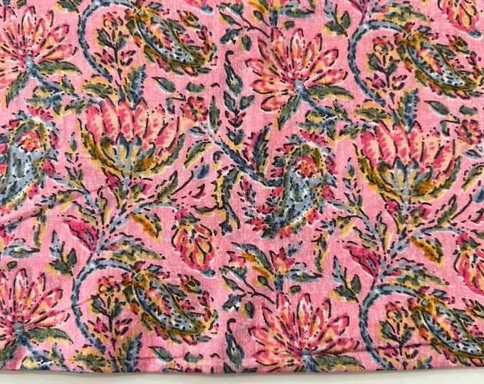 Pink and Yellow Fabric, Quilting Sewing Fabric, Hand Block Printed ...
