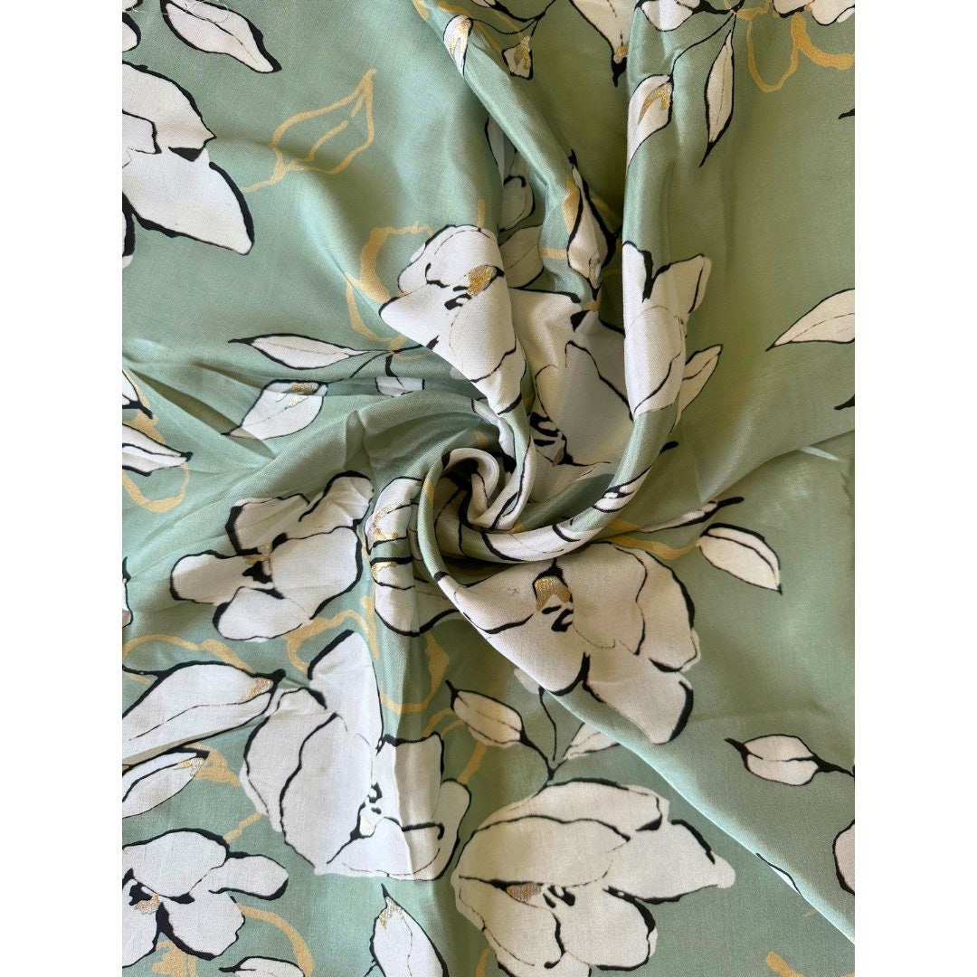 Luxurious and Rich Printed Viscose With Gold Foil Print, Iceberg Green ...