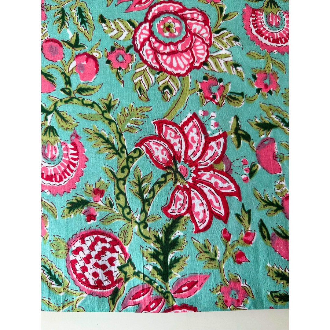 Green, Pink and Botanical Floral Block Printed Fabric, by the Yard ...