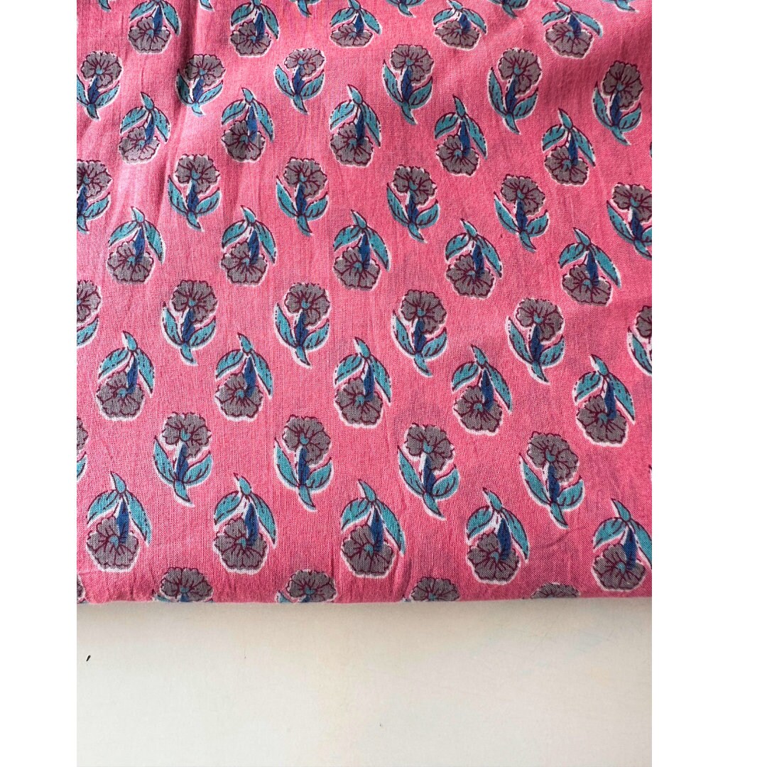Pink and Blue Buta Hand Block Printed Indian Cotton Fabric, Stamped ...