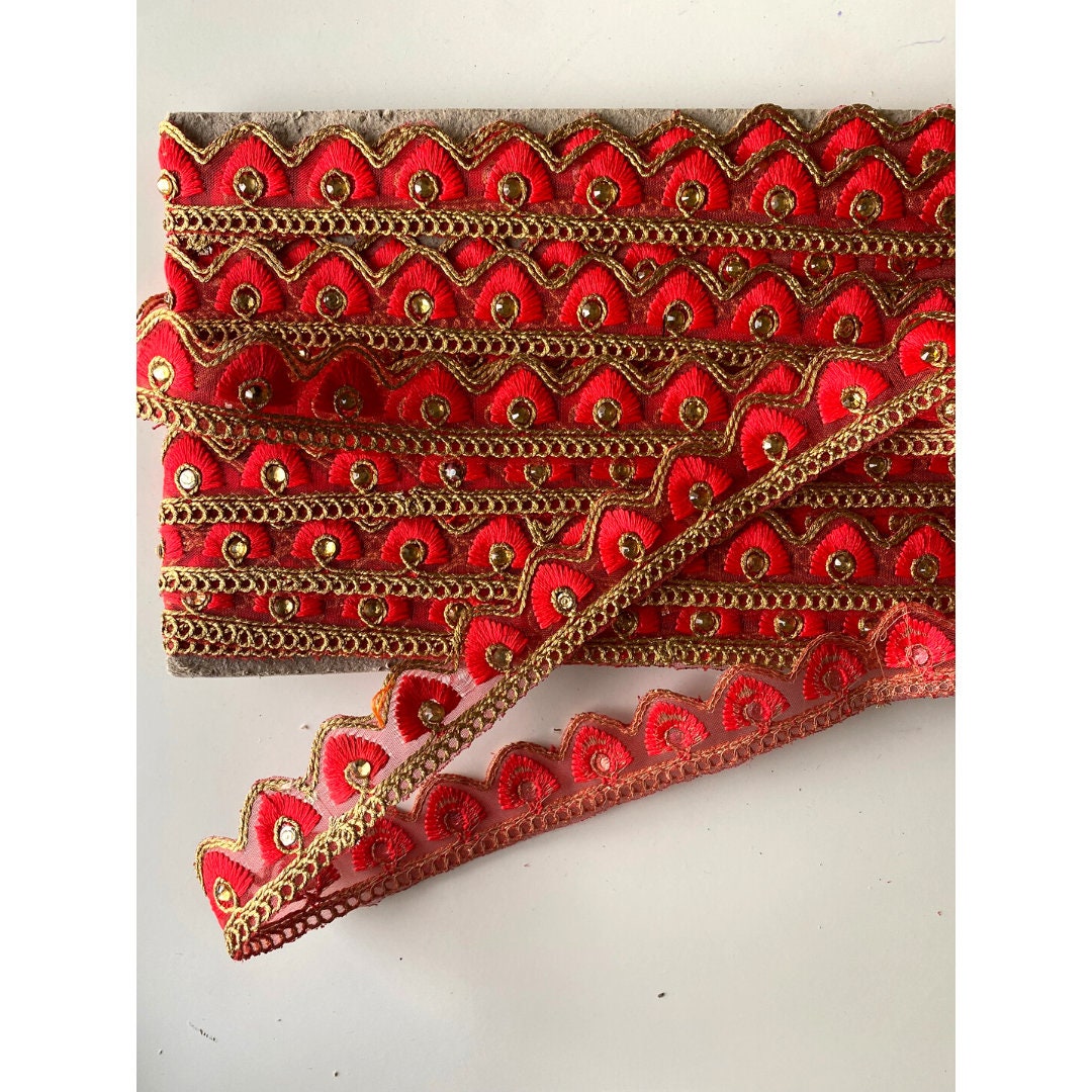 Red Embroidered Golden Stone Net Trim, Clear Stone Beaded Trim, Flat ...