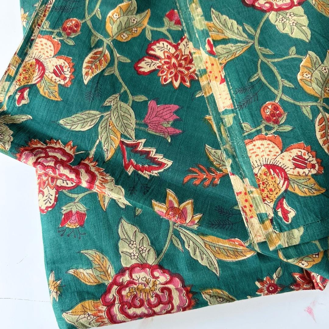 Indian Rose Block Print Cotton Fabric in Bottle Green, Red and Mustard ...