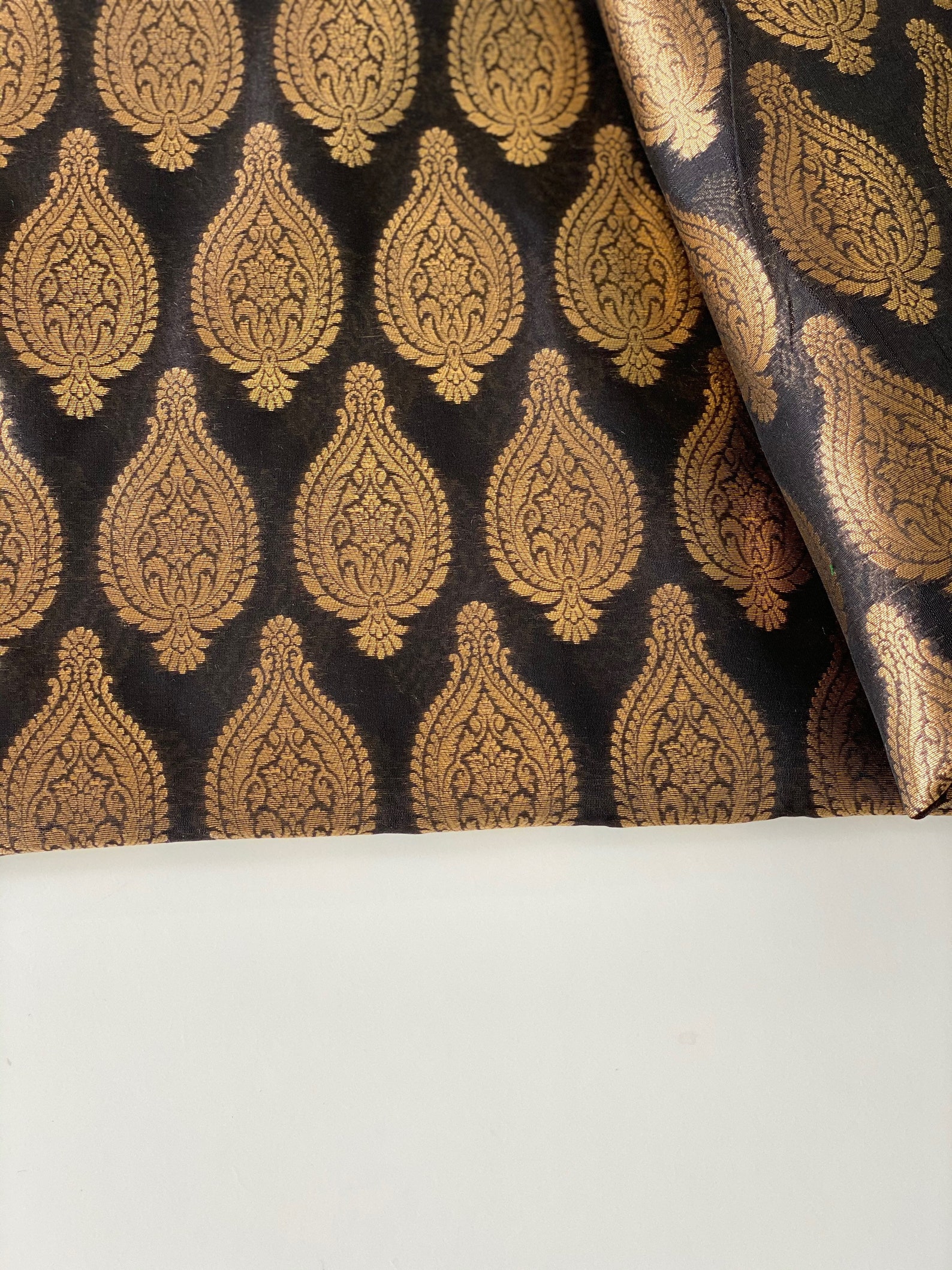 Indian Art Silk Brocade Fabric by the Yard Black and Golden - Etsy
