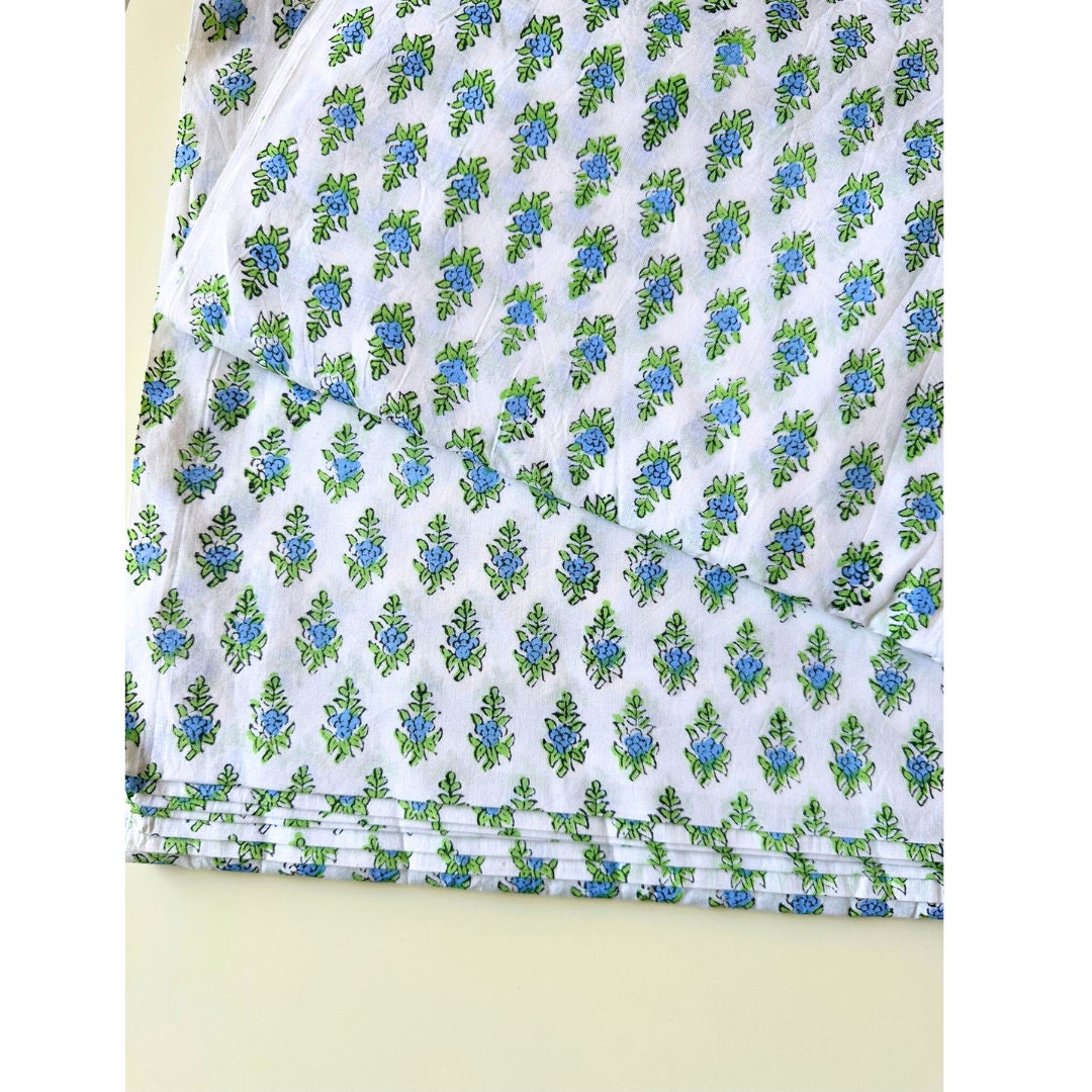 White and Pastel Blue Hand Block Print, Small Buti Printed Fabric, by ...