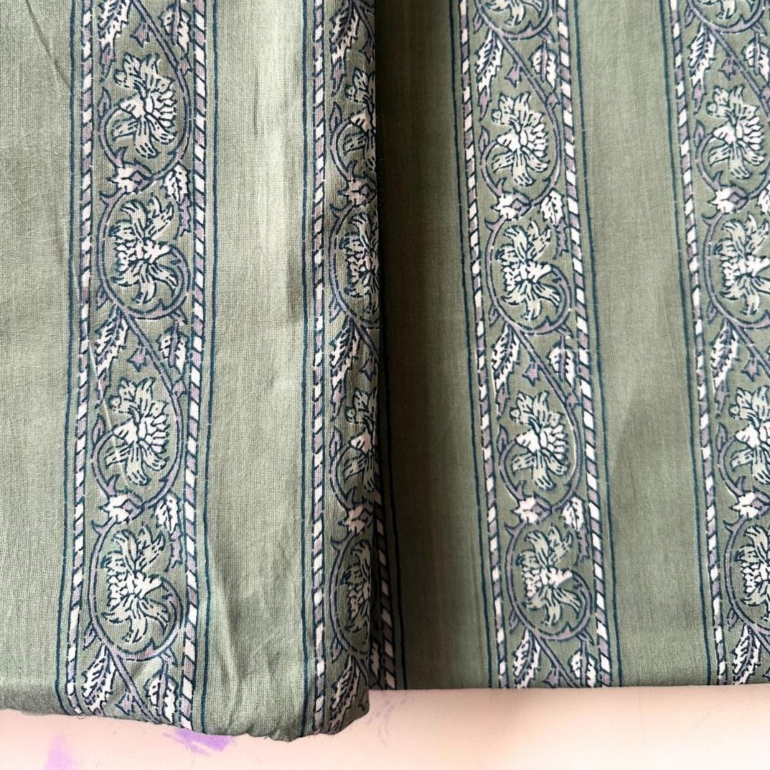 Blue Green Paisley Stripe Block Print Cotton Fabric, Hand Block Printed ...