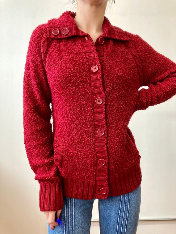 1970s Wine Red Bouclé Cardigan, Bust 36in - Gem
