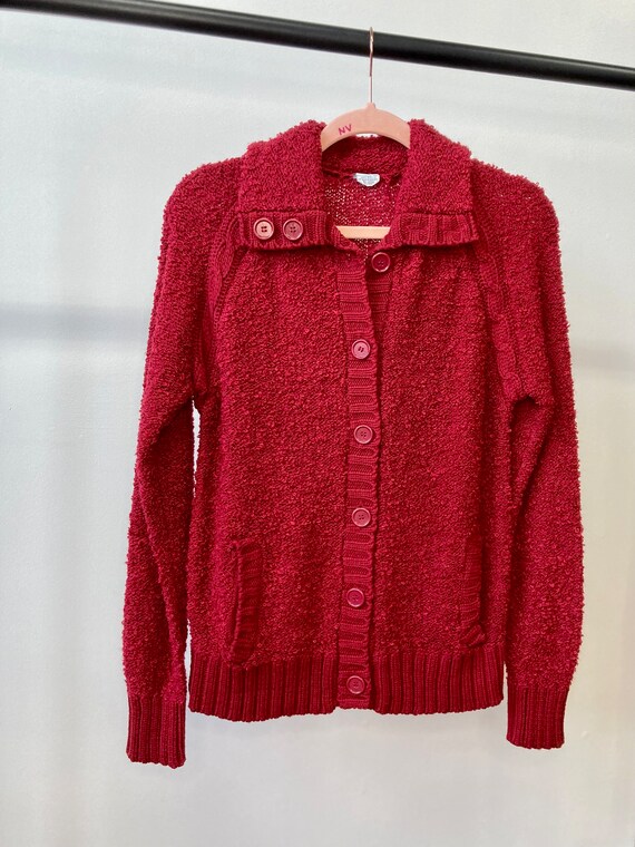 1970s Wine Red Bouclé Cardigan, Bust 36in - Gem