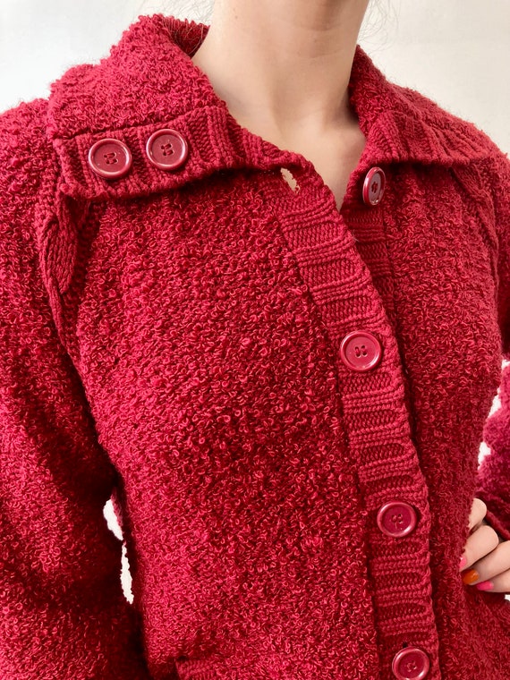 1970s Wine Red Bouclé Cardigan, Bust 36in - Gem