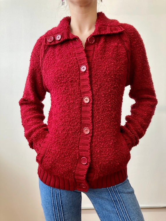 1970s Wine Red Bouclé Cardigan, Bust 36in - Gem