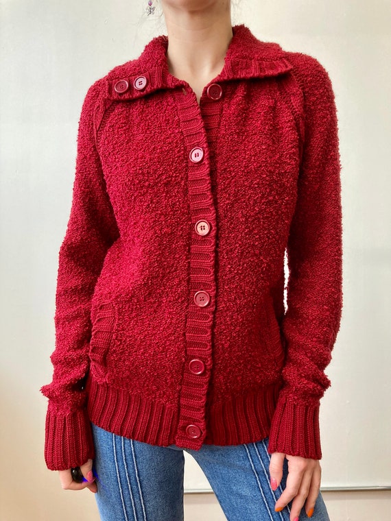 1970s Wine Red Bouclé Cardigan, Bust 36in - Gem