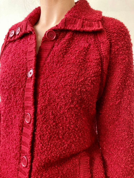 1970s Wine Red Bouclé Cardigan, Bust 36in - Gem