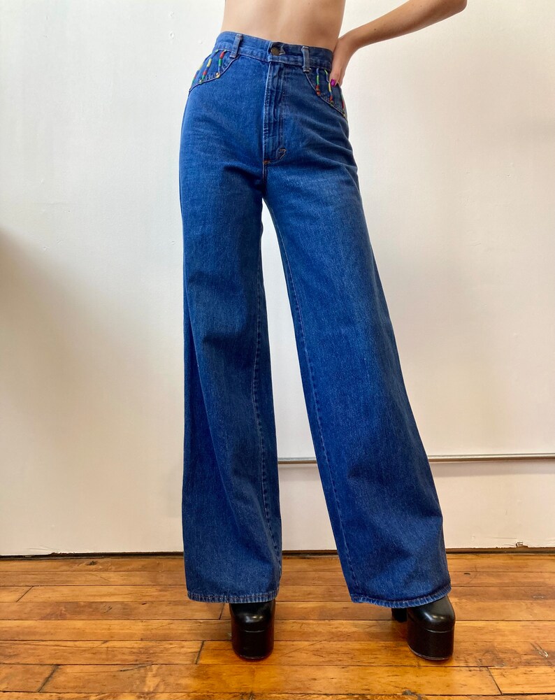 1970s High Waisted Flare Jeans With Colorful Stitching, Waist 25 - Etsy