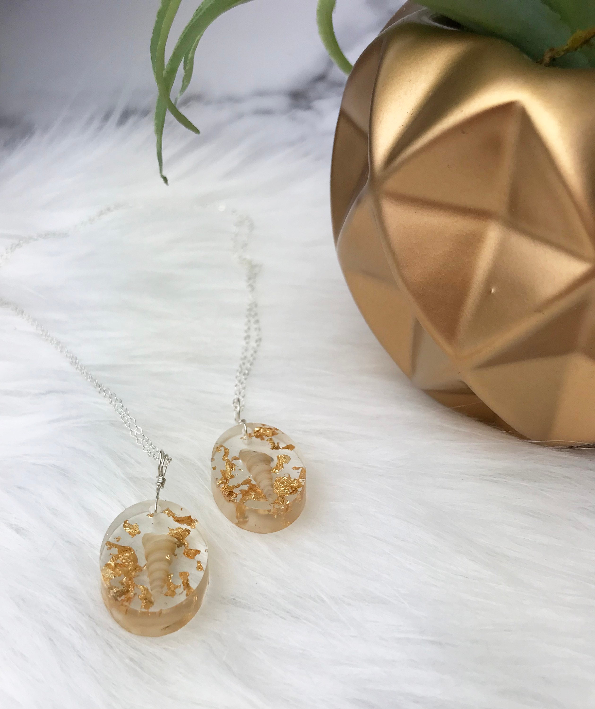 Seashell and Gold Flakes Clear Resin Oval Pendant Sterling | Etsy