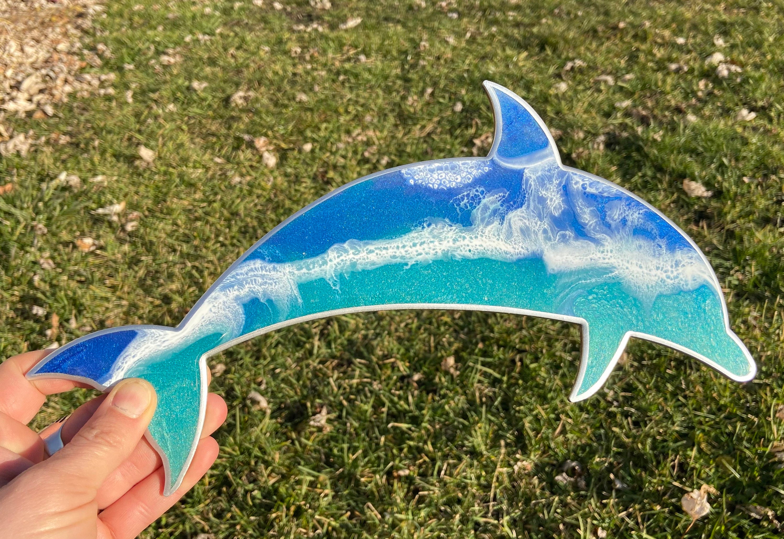 Dolphin Ocean Waves Beach Inspired Blue Aqua Epoxy White Resin Art Wood ...