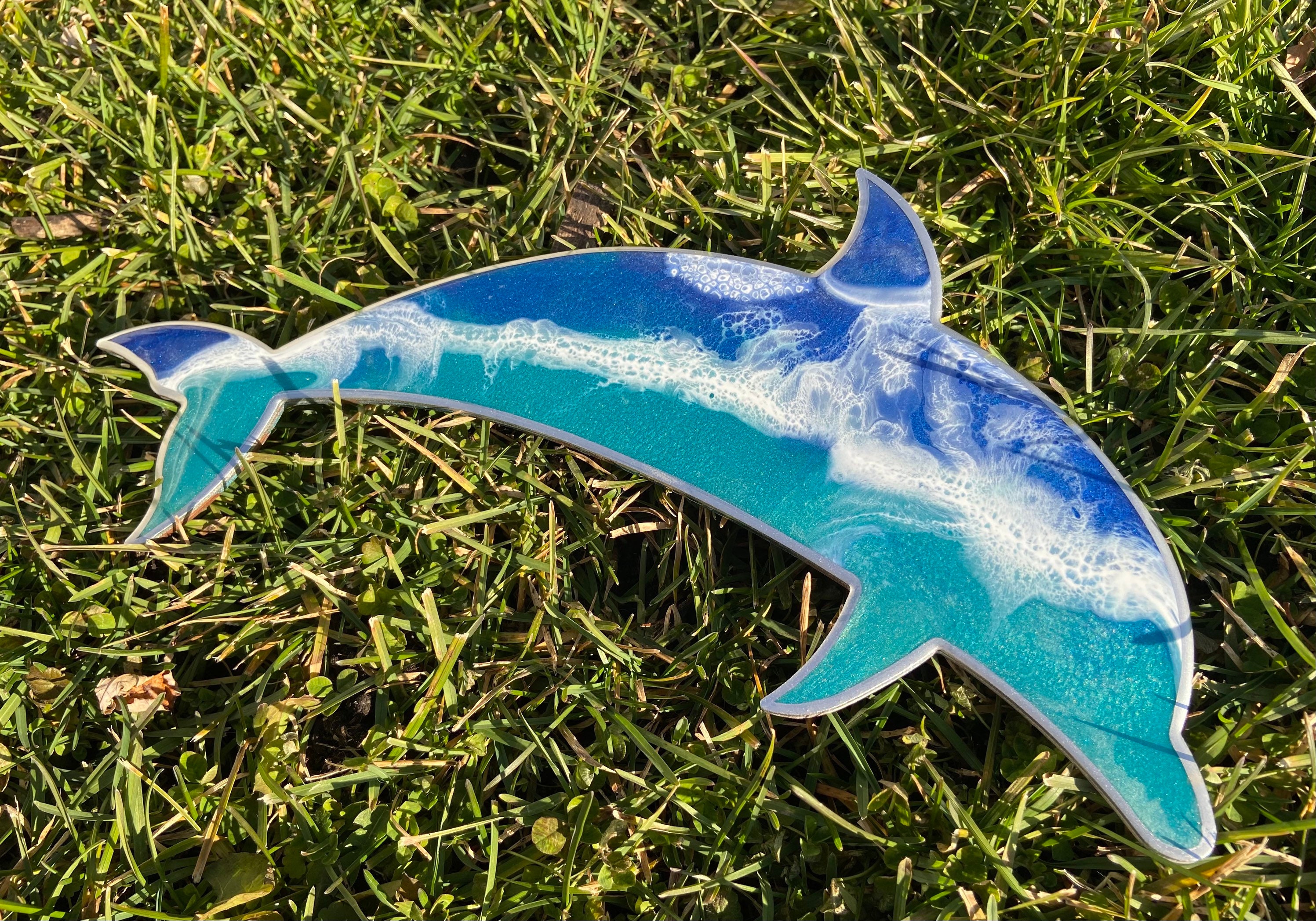 Dolphin Ocean Waves Beach Inspired Blue Aqua Epoxy White Resin Art Wood ...