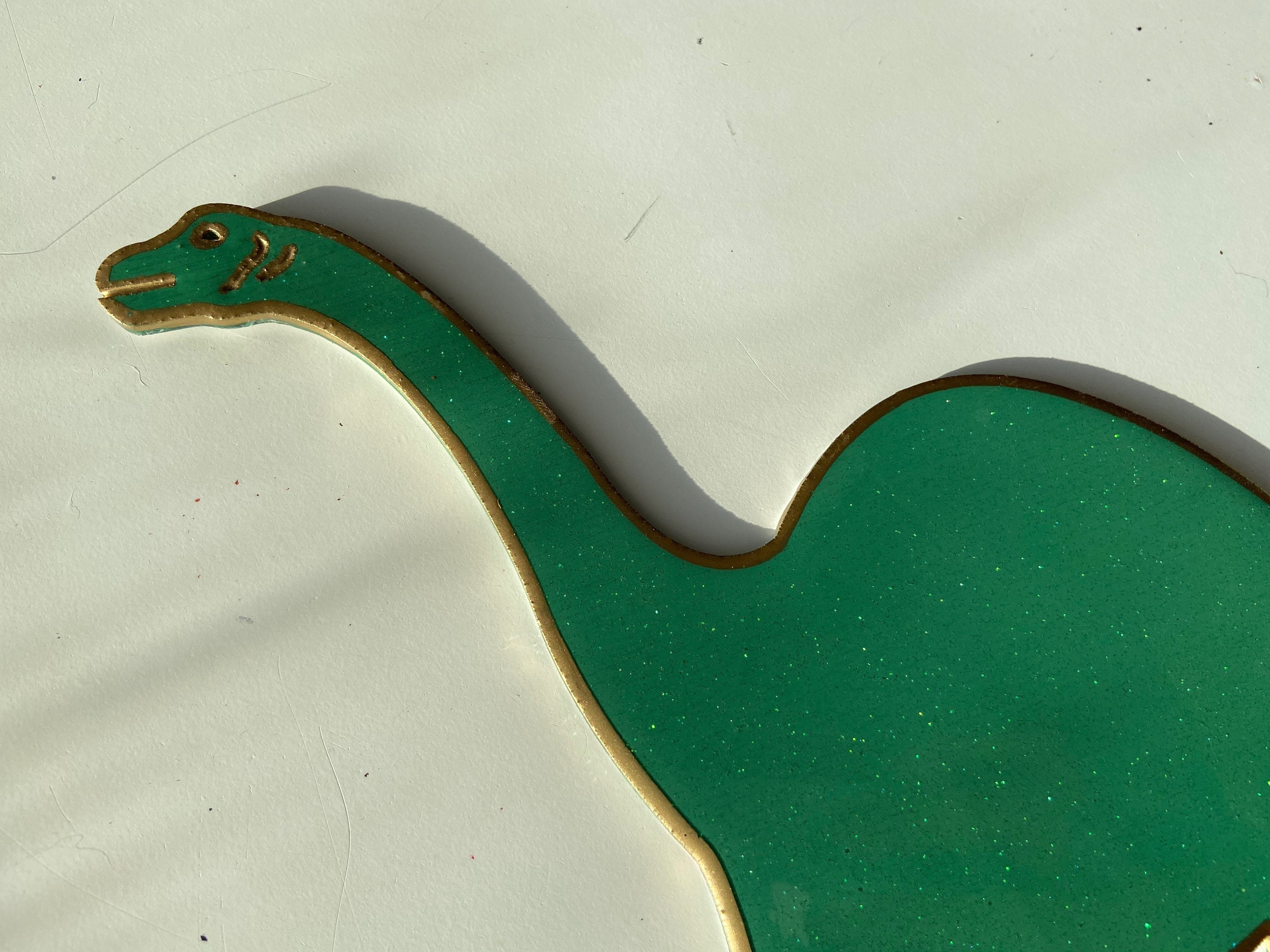 Brontosaurus Dinosaur Green Paint Glitter Gold Resin Art Wood Wall ...