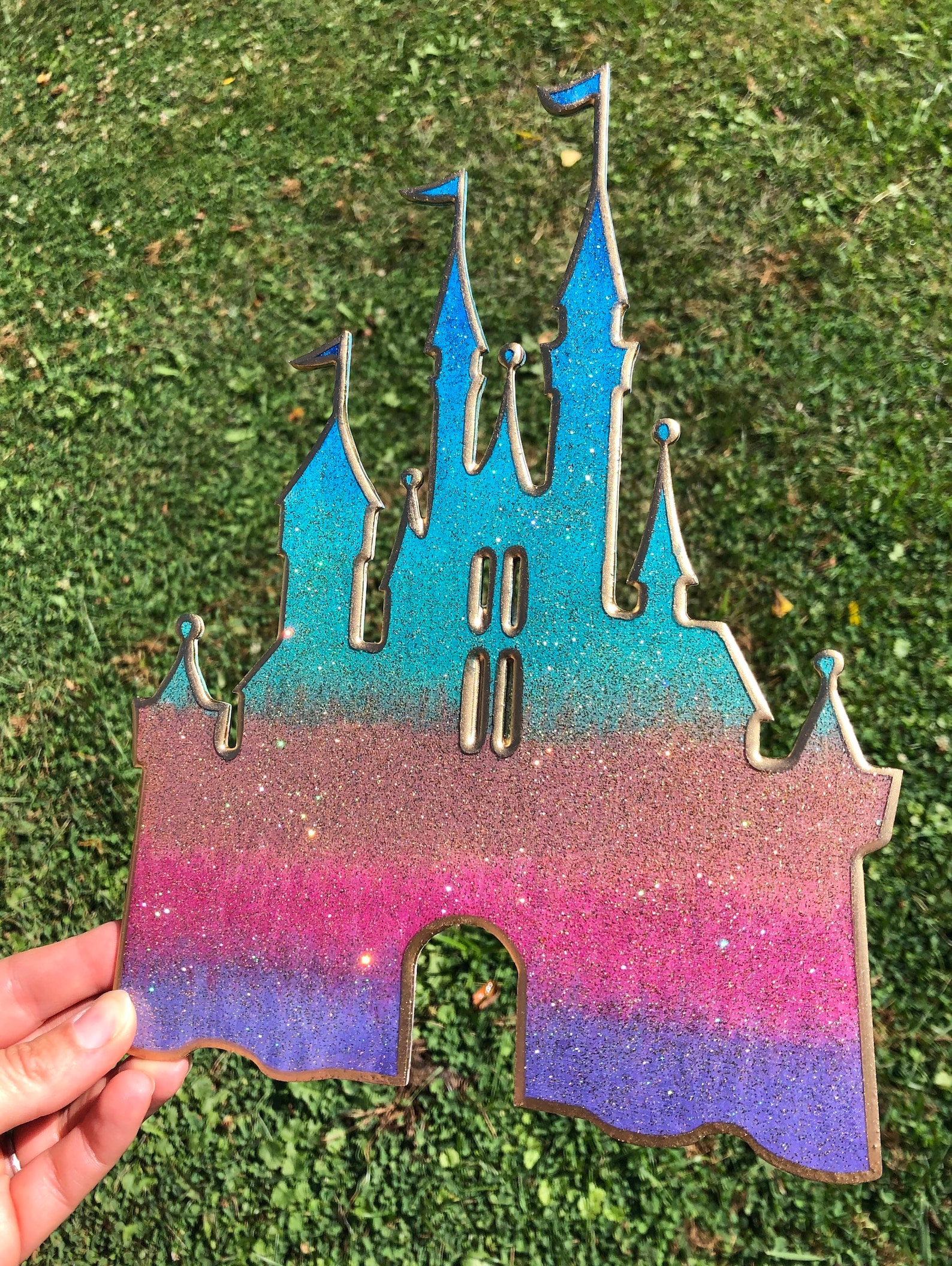 Princess Castle Hand Painted Rainbow Gold Glitter Epoxy Resin Wood Wall ...