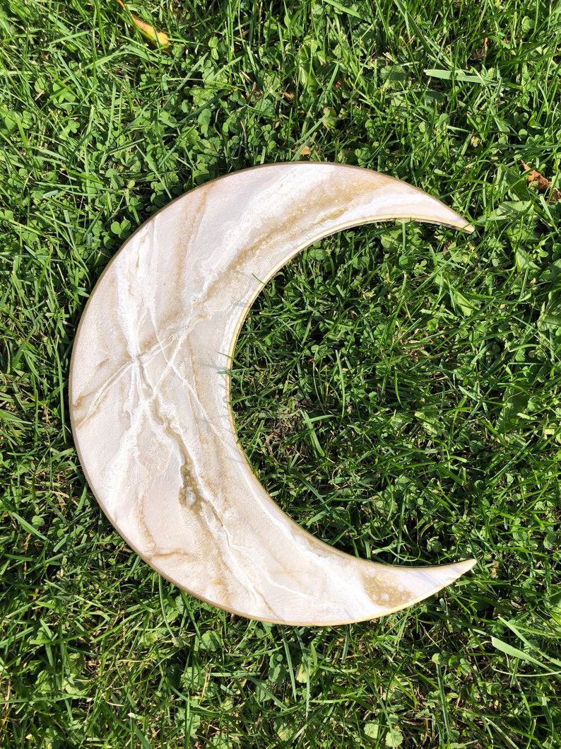 Crescent Moon Pearl White Gold Marble Glittery Epoxy Resin Art - Etsy