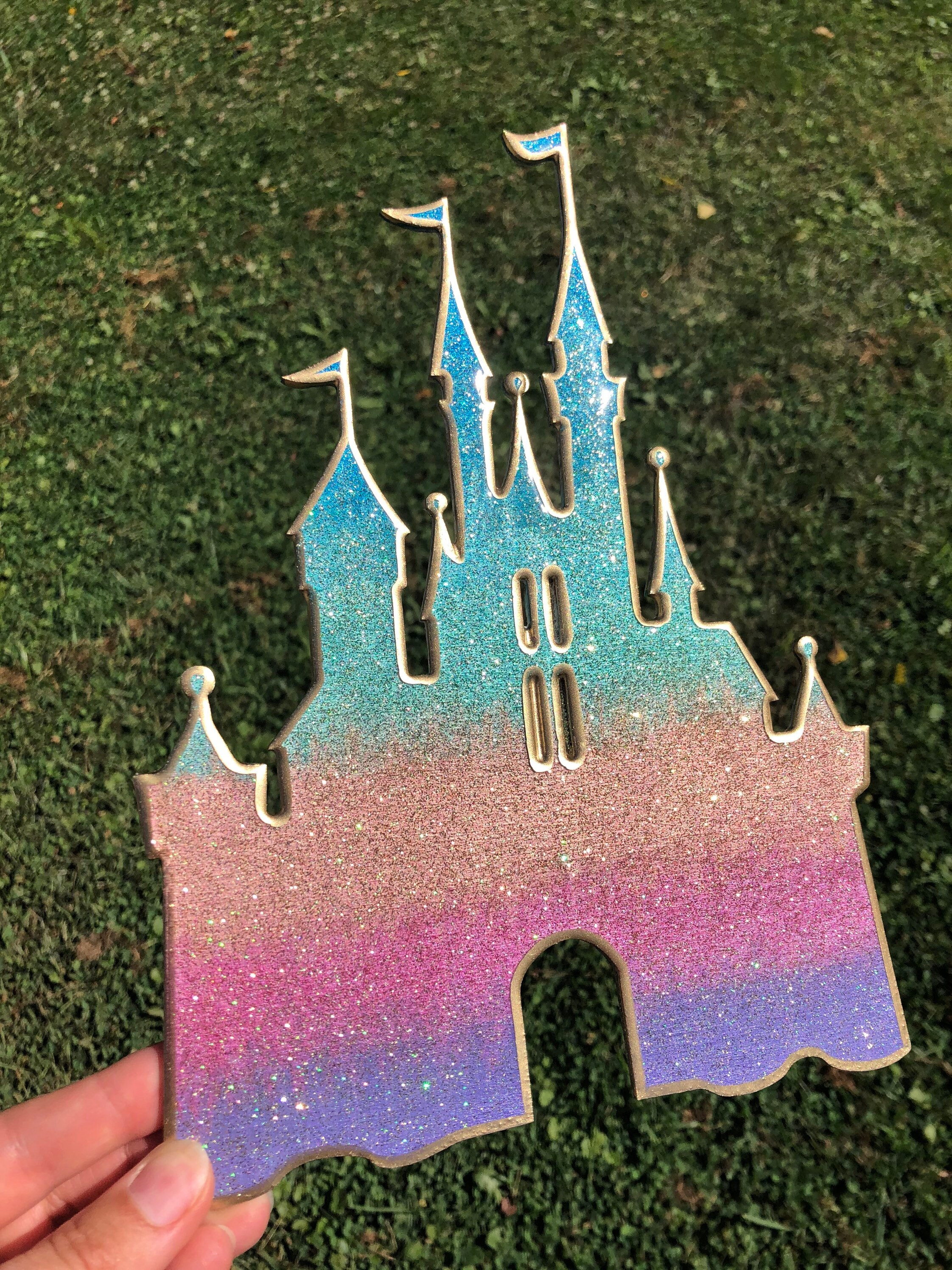 Princess Castle Hand Painted Rainbow Gold Glitter Epoxy Resin Wood Wall ...