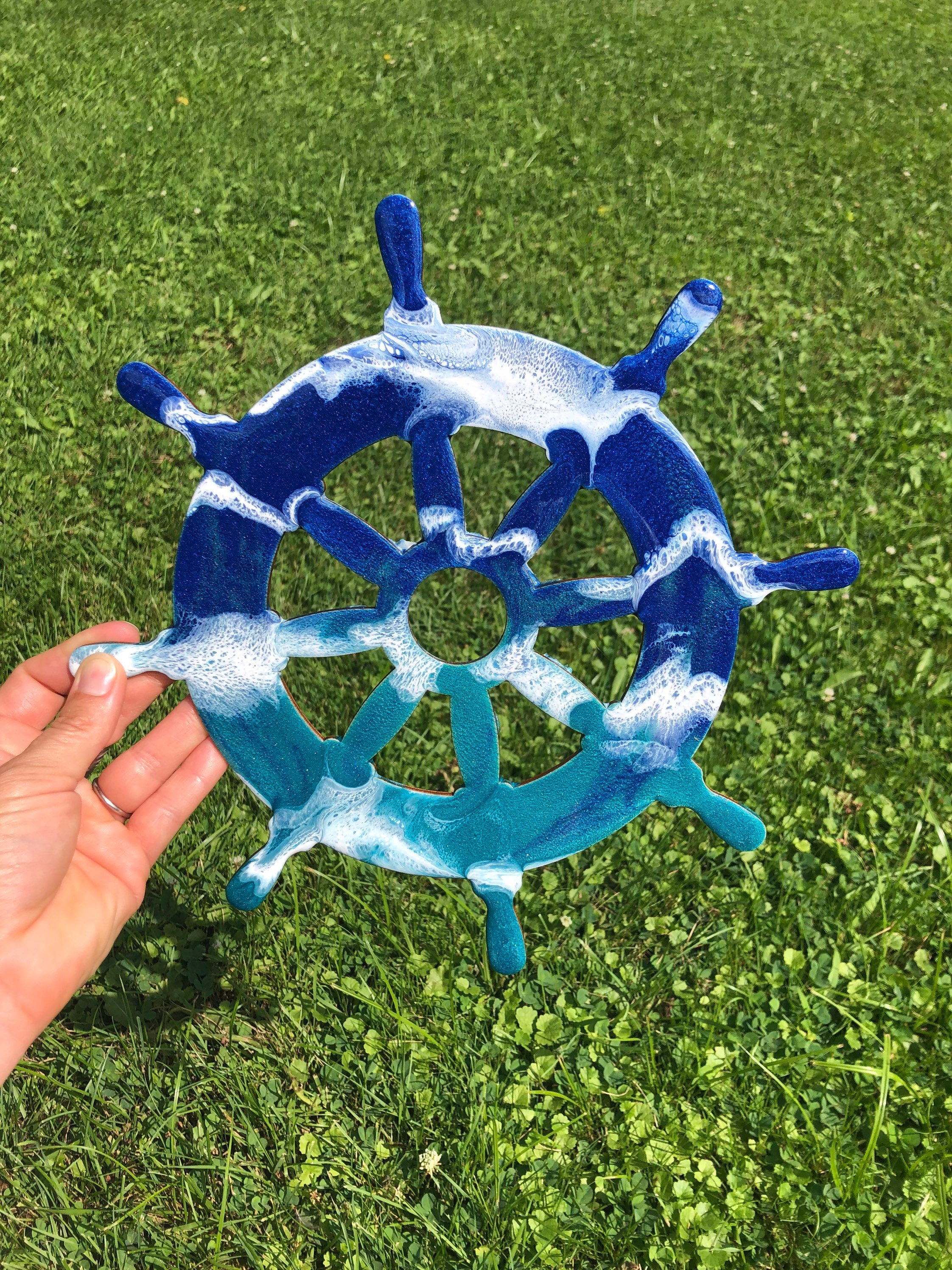 Ship Wheel Ocean Waves Beach Inspired Blue Aqua White Epoxy | Etsy